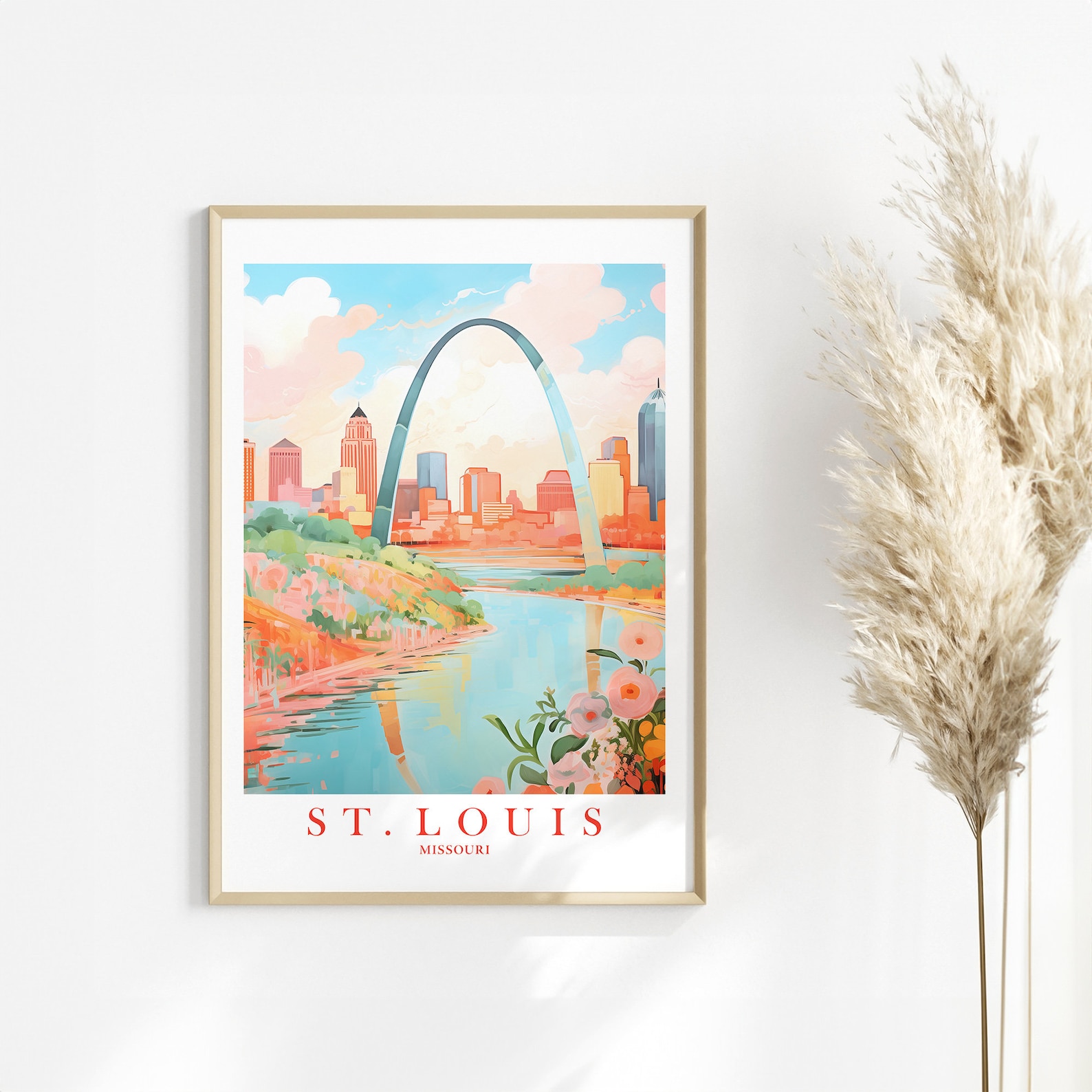 St Louis Pink Orange Retro Travel Poster Missouri Print Painted Scenery ...