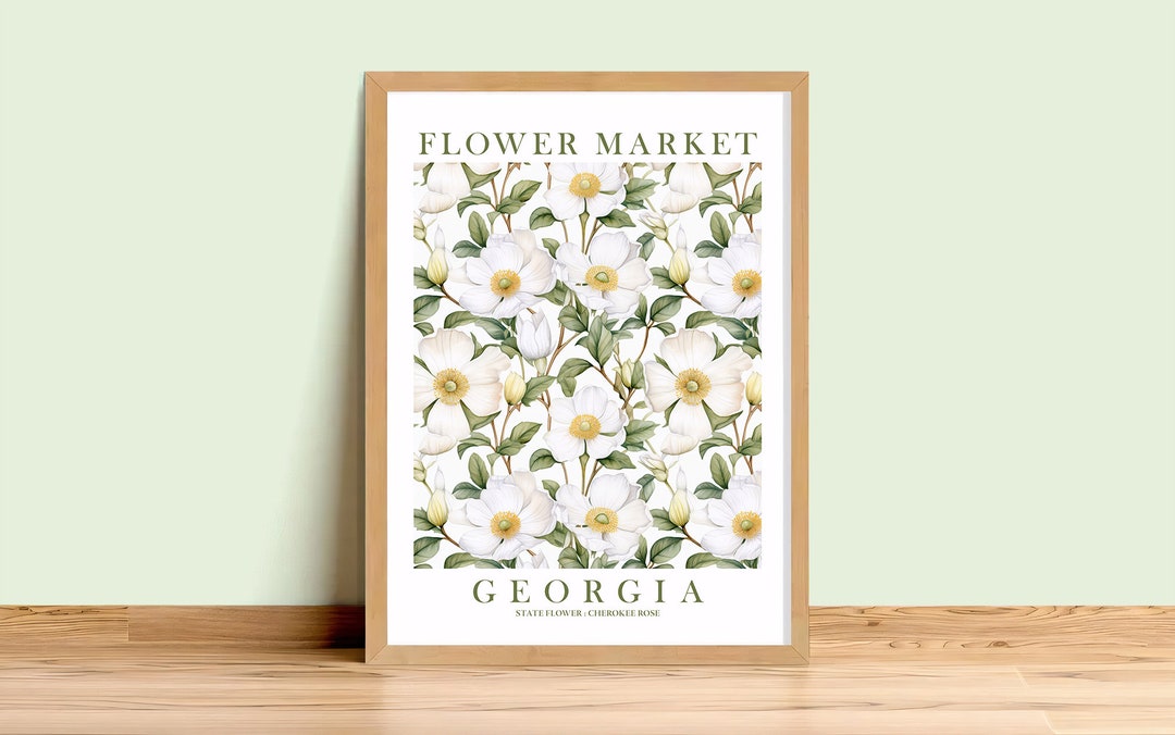 Georgia Cherokee Rose State Flower Print Ivory Yellow Green GA Floral ...