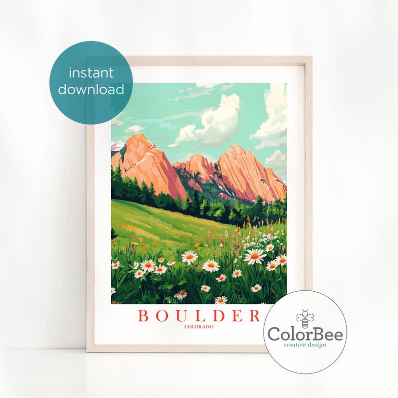 Boulder Travel Poster Colorado Print Retro Pink Orange Teal State ...