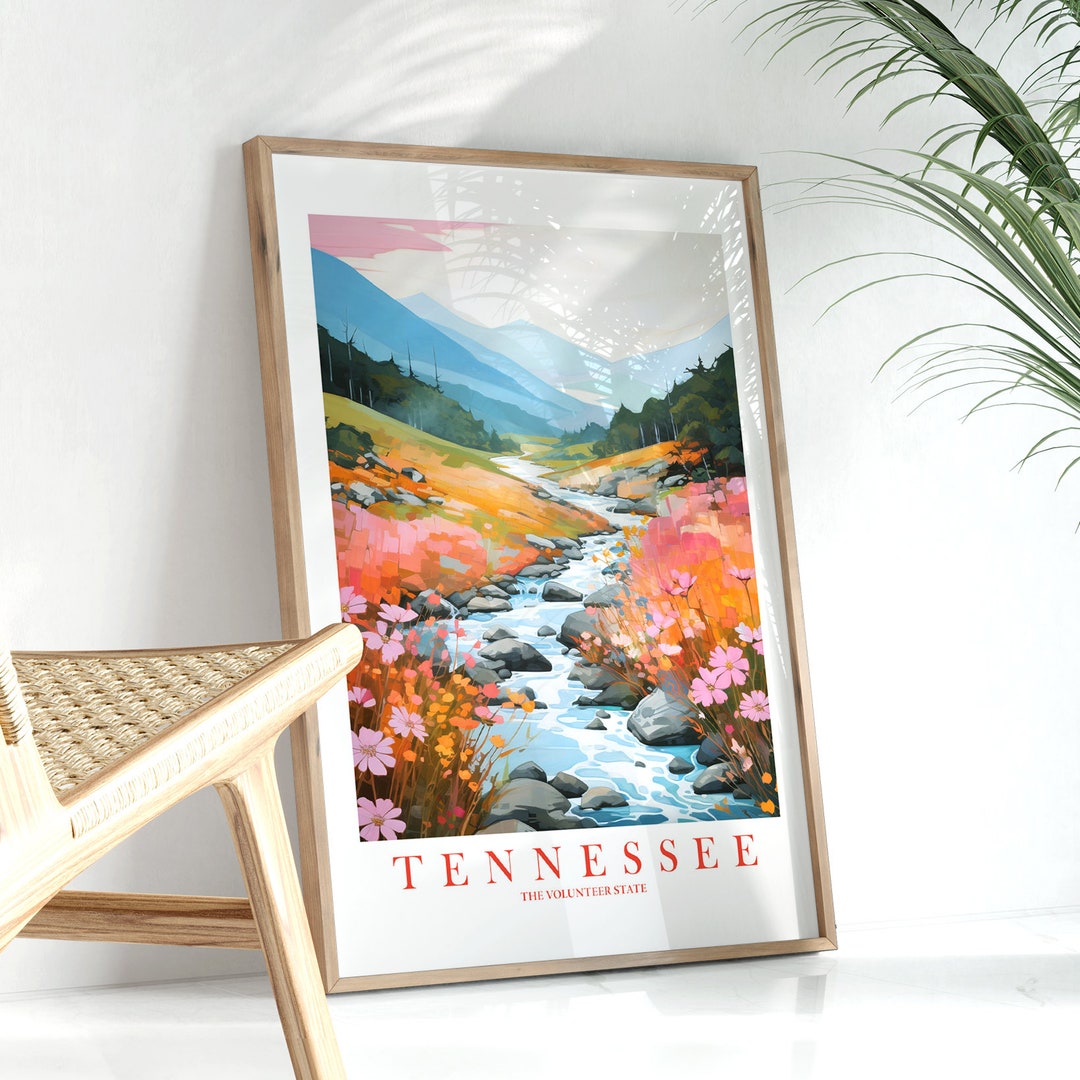 Tennessee Travel Poster Volunteer State Print, Retro Pink Orange Teal ...
