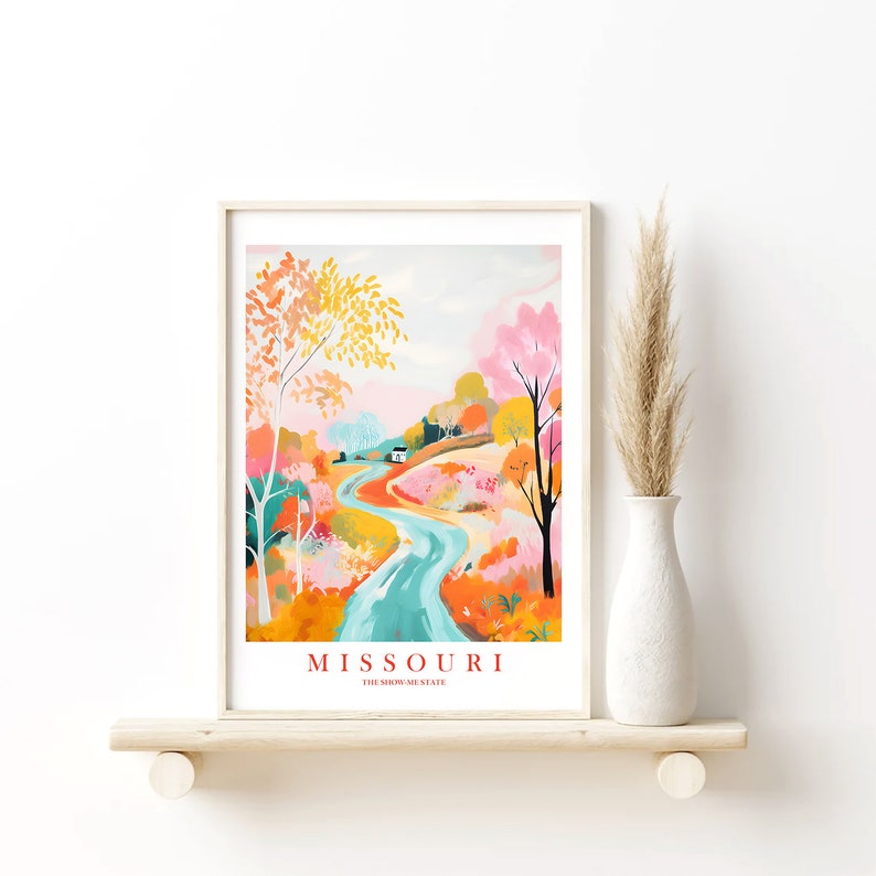 Missouri Pink Orange Retro Travel Poster Show Me State Print Motto ...