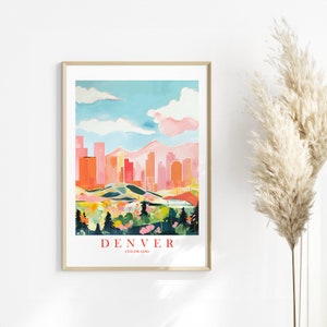 Denver Skyline Poster Colorado Travel Print City Wall Art Retro Pink ...