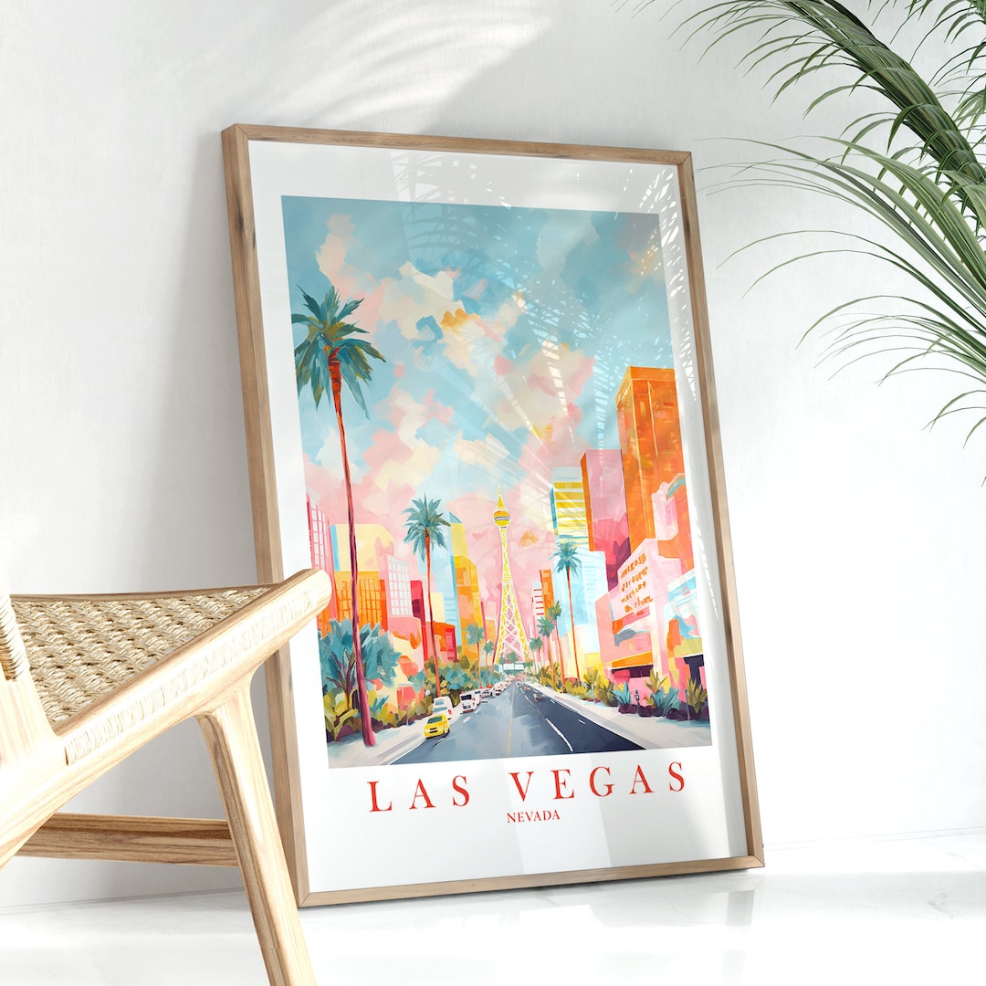 Las Vegas Travel Poster Nevada Print, Retro Pink Orange Teal Painting ...