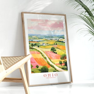 Ohio Pink Orange Retro Travel Poster Buckeye State Print Rural ...