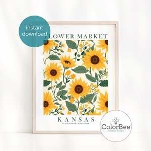 Kansas Sunflower State Flower Print Yellow Green KS Floral Botanical ...