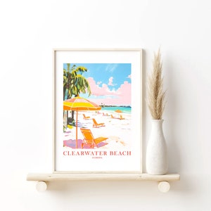 Clearwater Florida Travel Poster Beach Print Retro Pink Orange Teal ...
