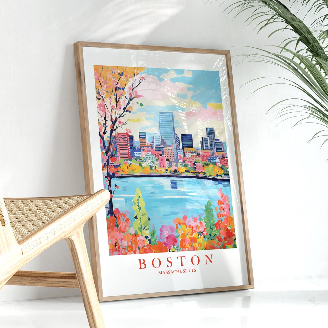 Boston Travel Poster Massachusetts Pink Orange Retro Print Colonial ...
