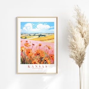 Kansas Retro Travel Poster Sunflower State Print Motto Pink Orange ...