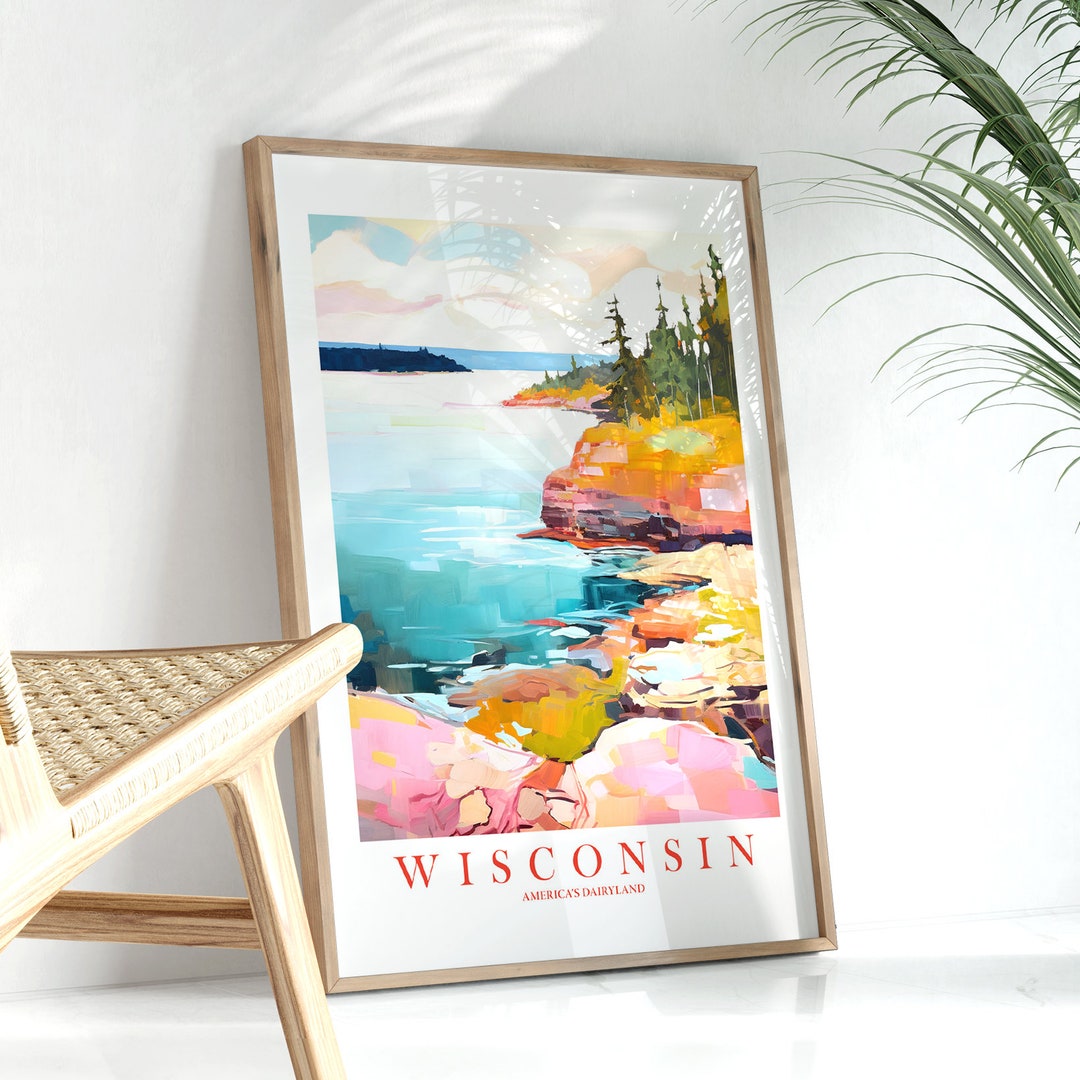 Wisconsin Travel Poster America's Dairyland Print, Retro Pink Orange ...