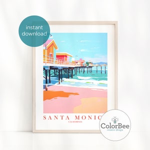 Santa Monica California Travel Poster Beach Wall Art Pacific Coastal ...