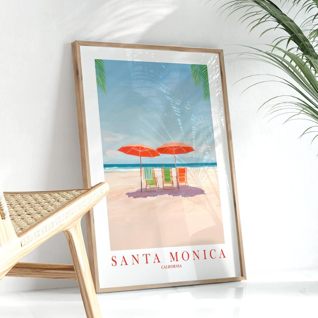 Santa Monica Poster, Retro Pink Teal Orange, Beach Pacific Coast Print ...