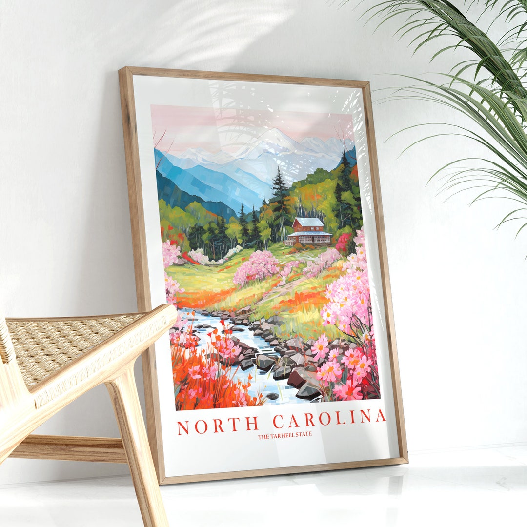 North Carolina Travel Poster Tarheel State Print Retro Pink Orange Teal ...