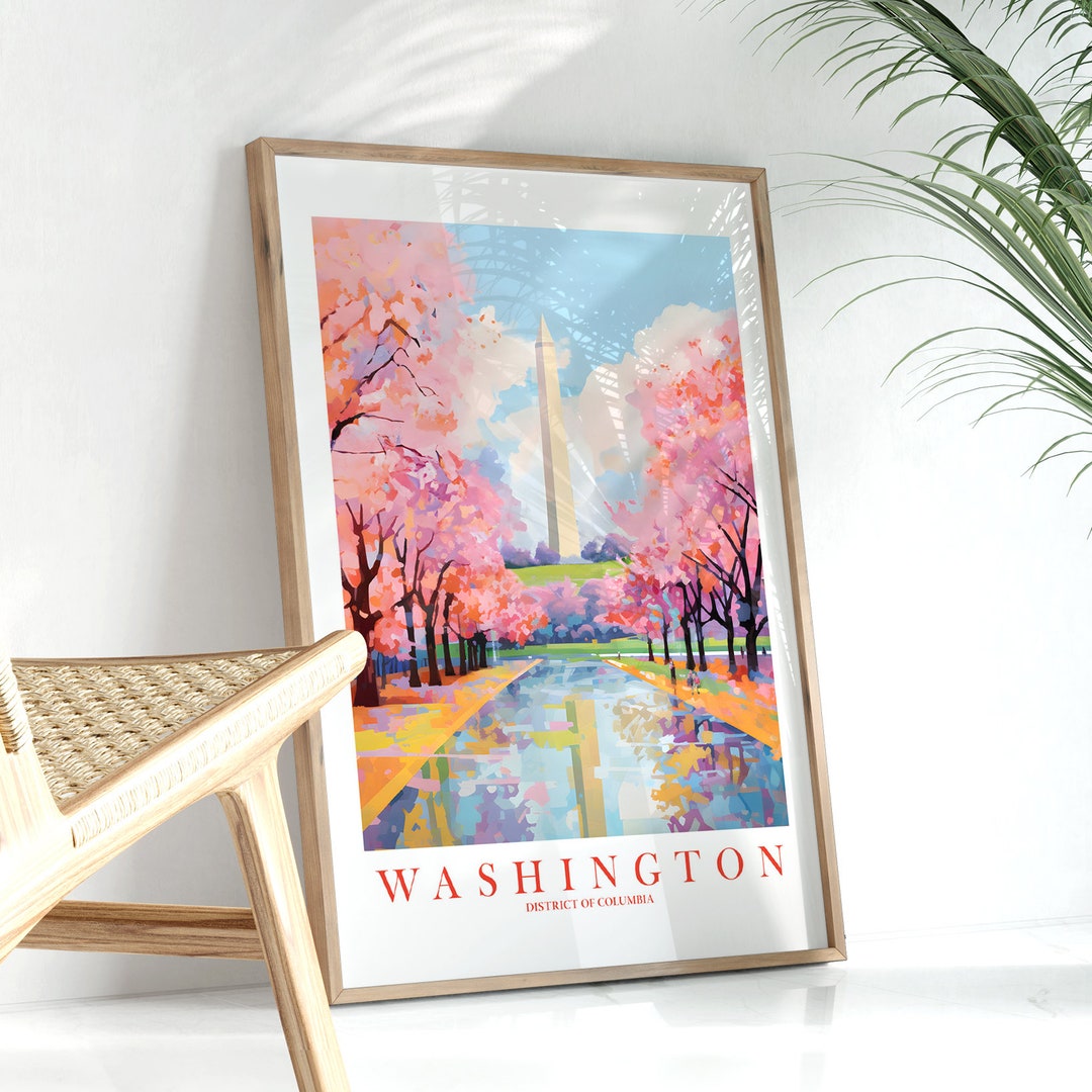 DC Travel Poster, Washington Print Retro Pink Orange Teal Painting ...