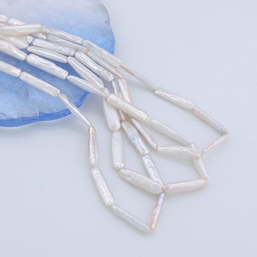 2 Strands Biwa Stick Pearls, AAA Freshwater Baroque, White Noodle Shape ...