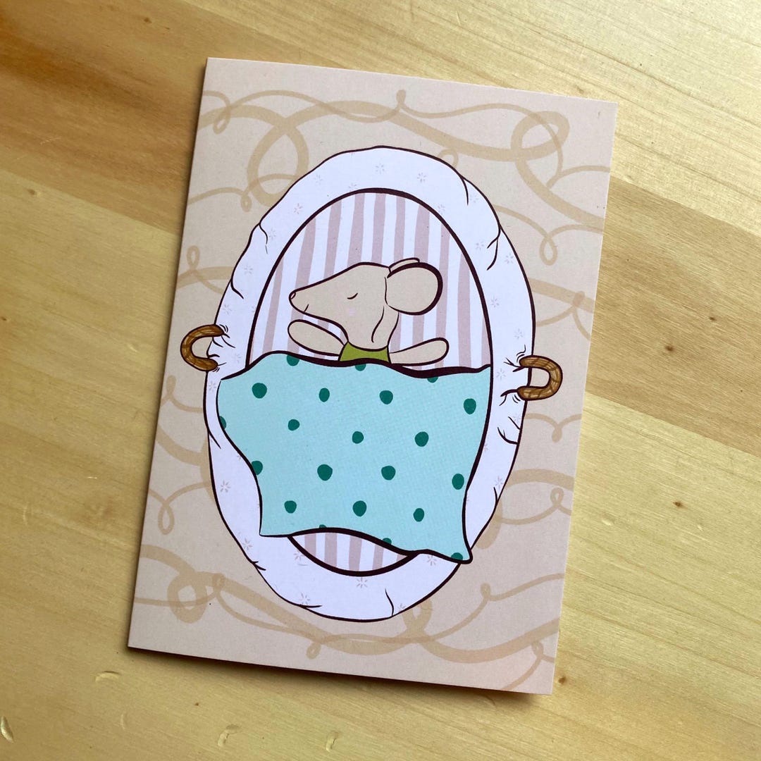 Baby Mouse in Crib Greeting Card / New Baby Congratulations / Boy ...