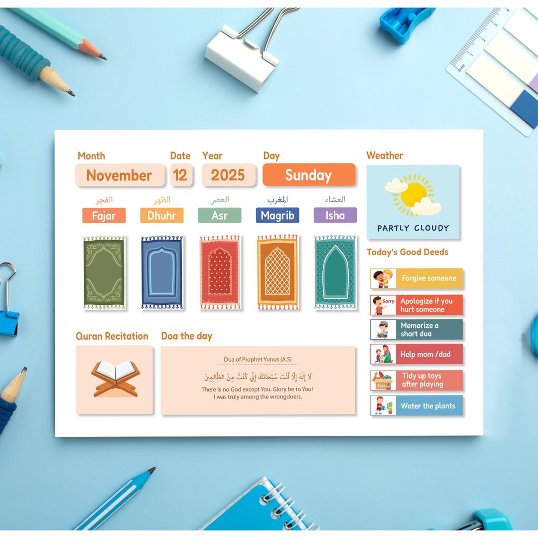 Islamic Kids Daily Routine Chart | Salah, Quran, Good Deeds, Duas ...