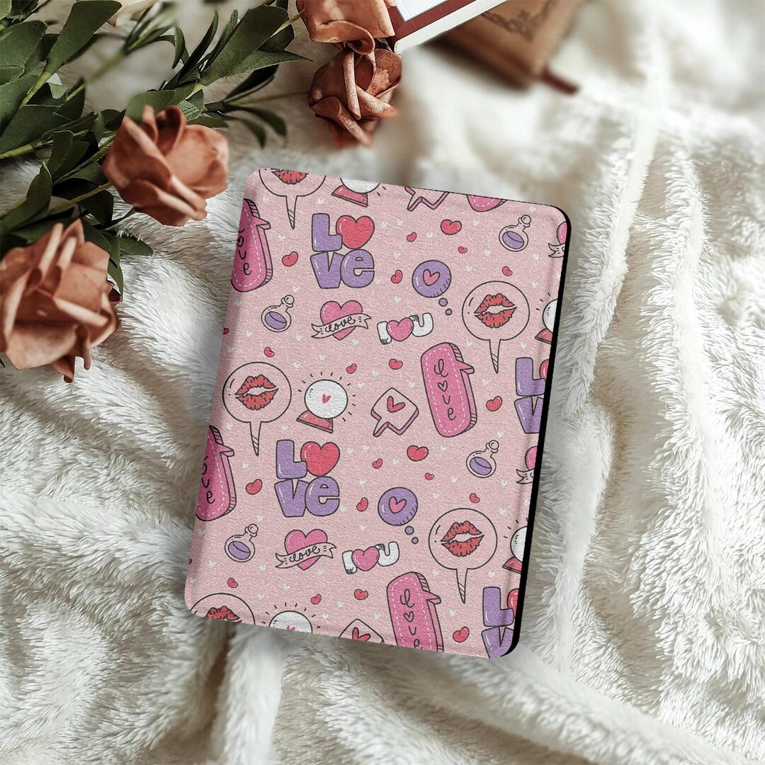 Cute Romantic Pink Love Heart & Lips Kindle Case E-reader Cover for 6"/7" 2024 Kindle Paperwhite ...