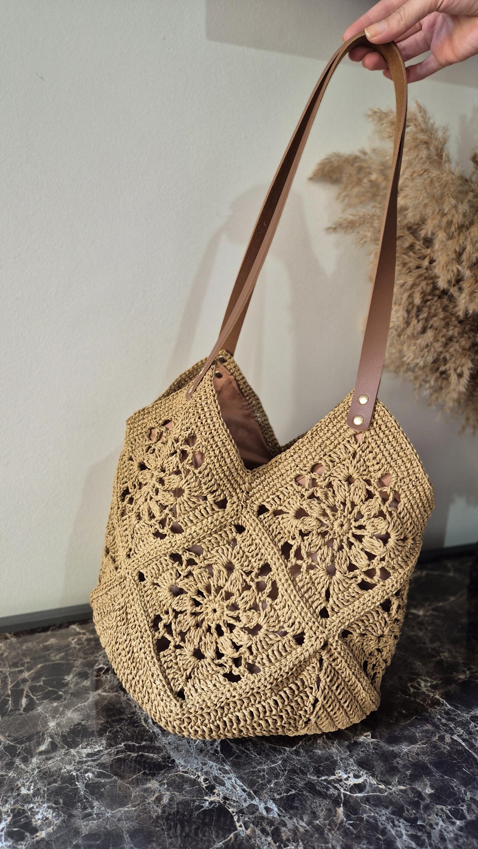 Handmade Crochet, Large Bohemian Beach Tote Lined Summer Leather Strap ...