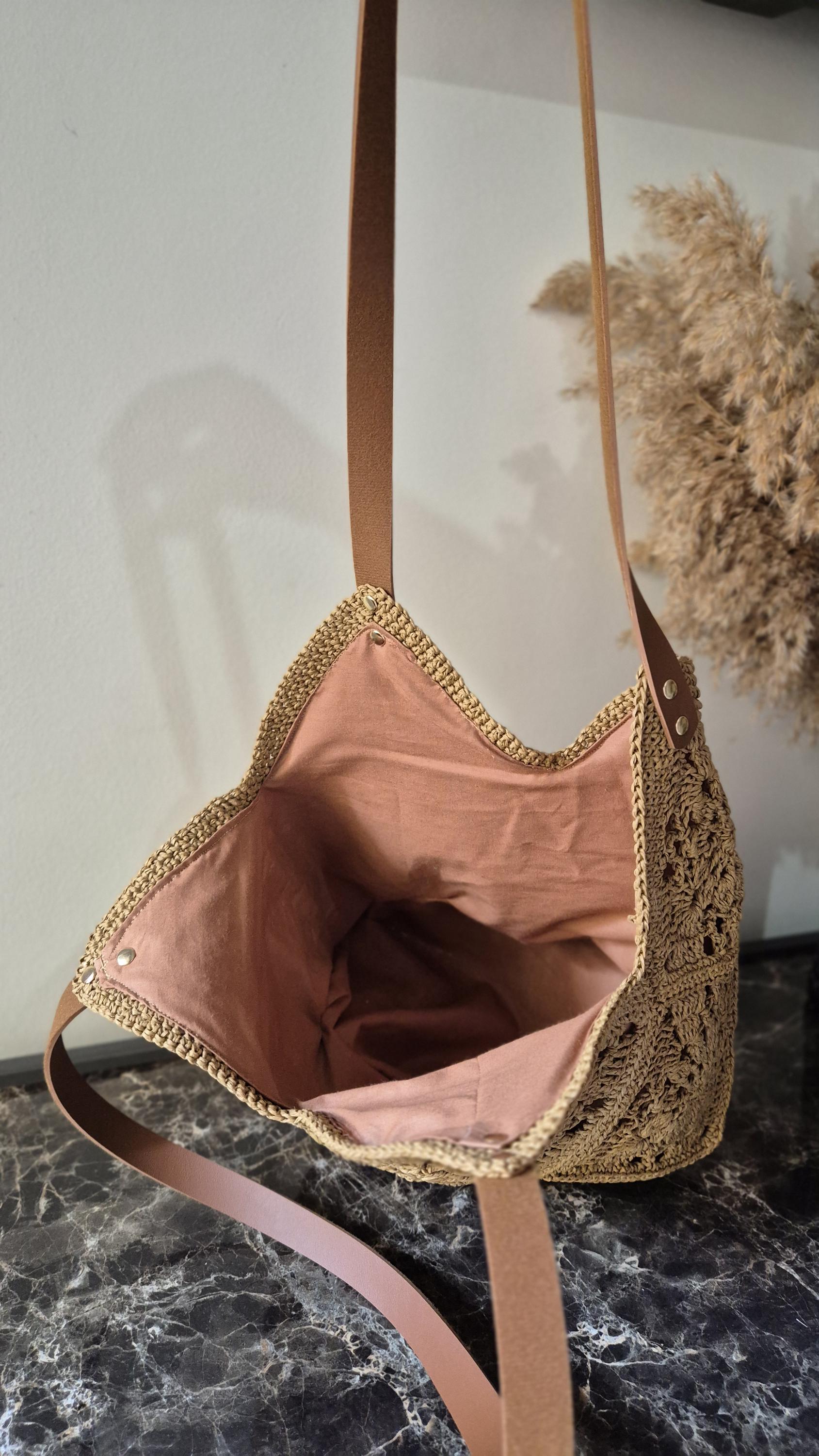 Handmade Crochet, Large Bohemian Beach Tote Lined Summer Leather Strap ...