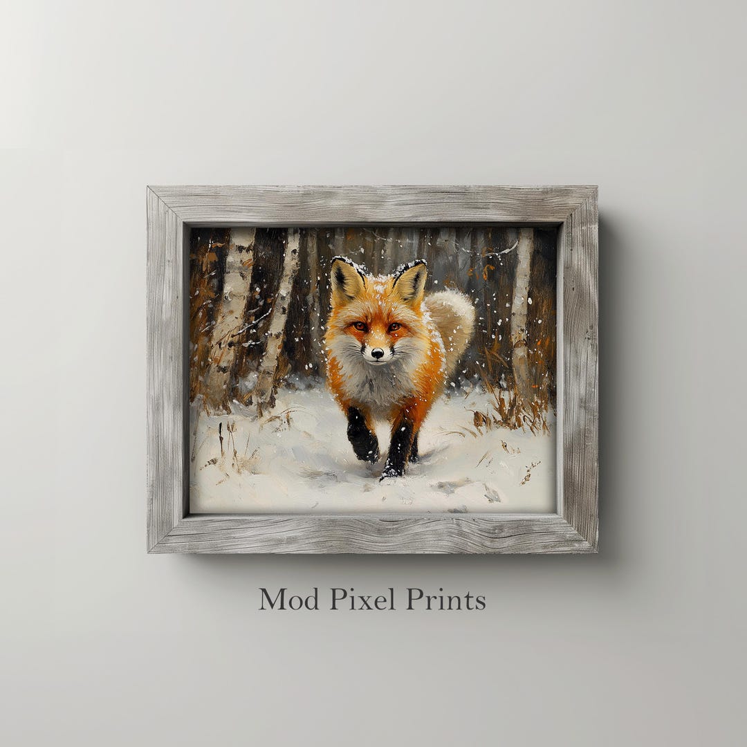 Rustic Red Fox in Falling Snow - Moody Winter Wildlife Painting, Birch ...
