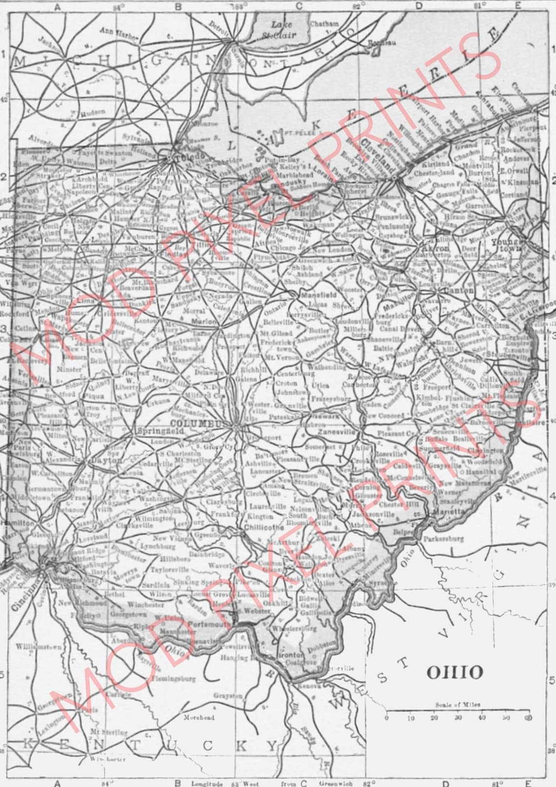 Vintage Black and White Map of Ohio Printable Digital Art - Etsy
