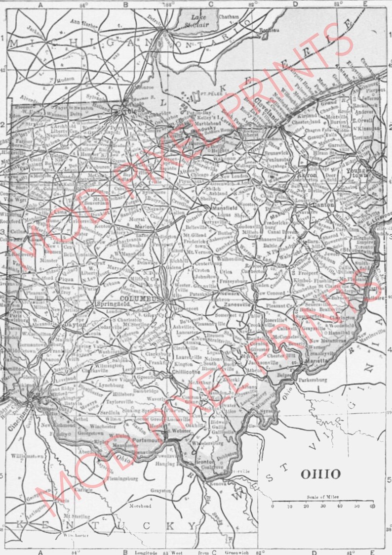 Vintage Black and White Map of Ohio Printable Digital Art - Etsy
