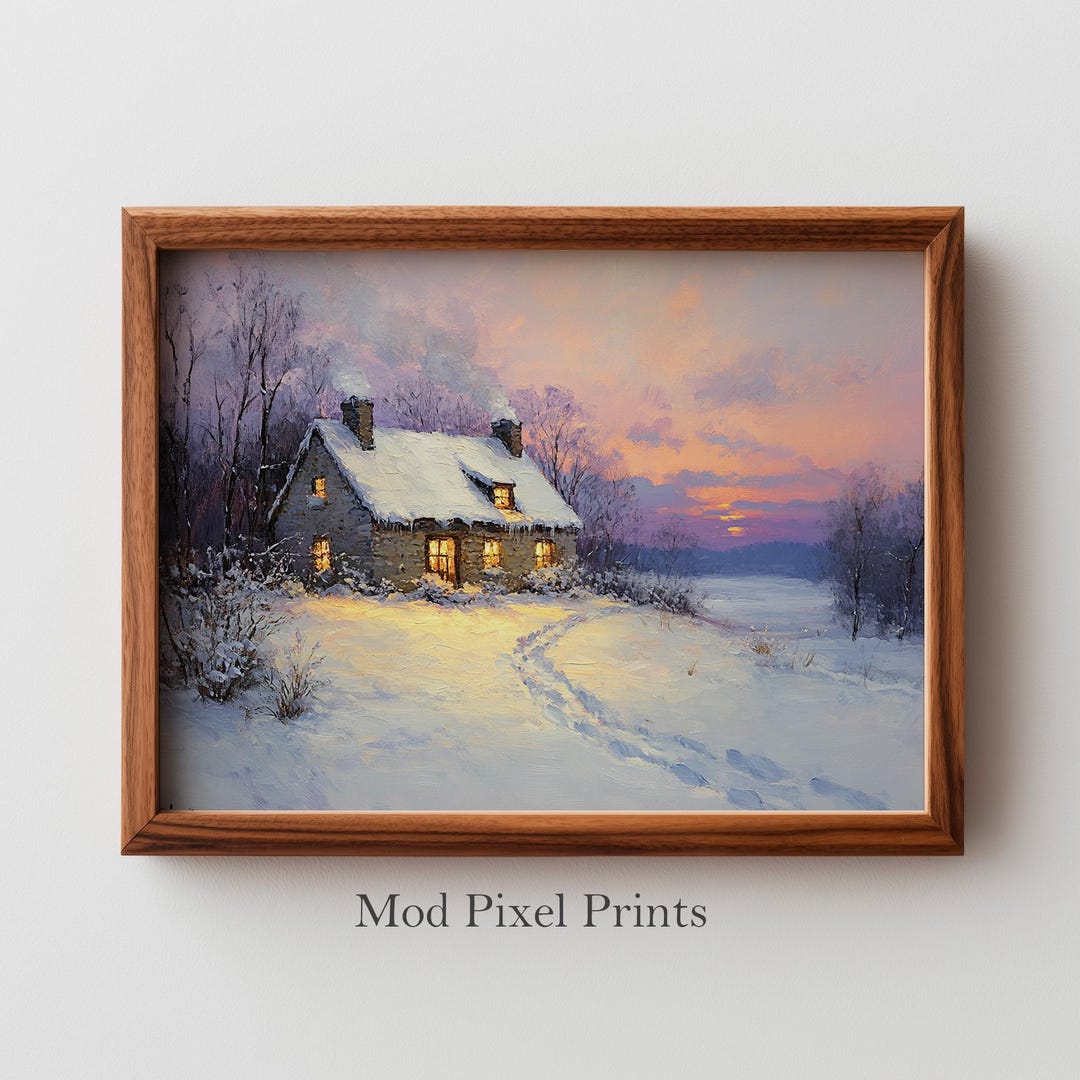 Snow-covered Cottage at Twilight - Cozy Winter Landscape Art, Rustic ...