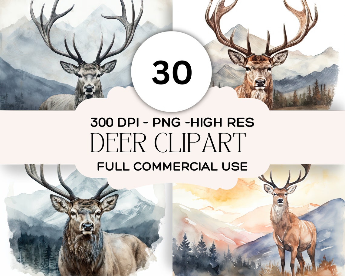 Deer Clipart SET OF 30, Watercolor Clip Art, Watercolor, Textures, Buck ...