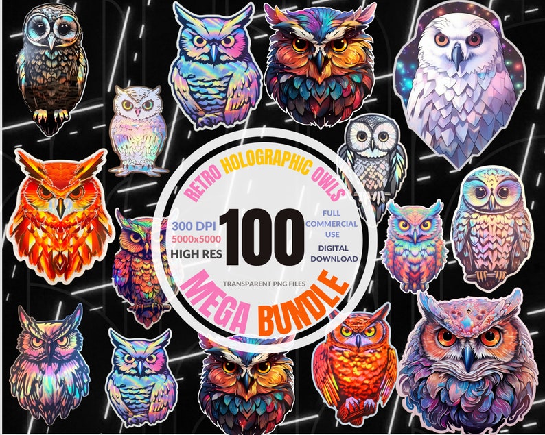 Retro Holographic Owl Clipart Bundle , 100 Mega Bundle, Retro Owl ...
