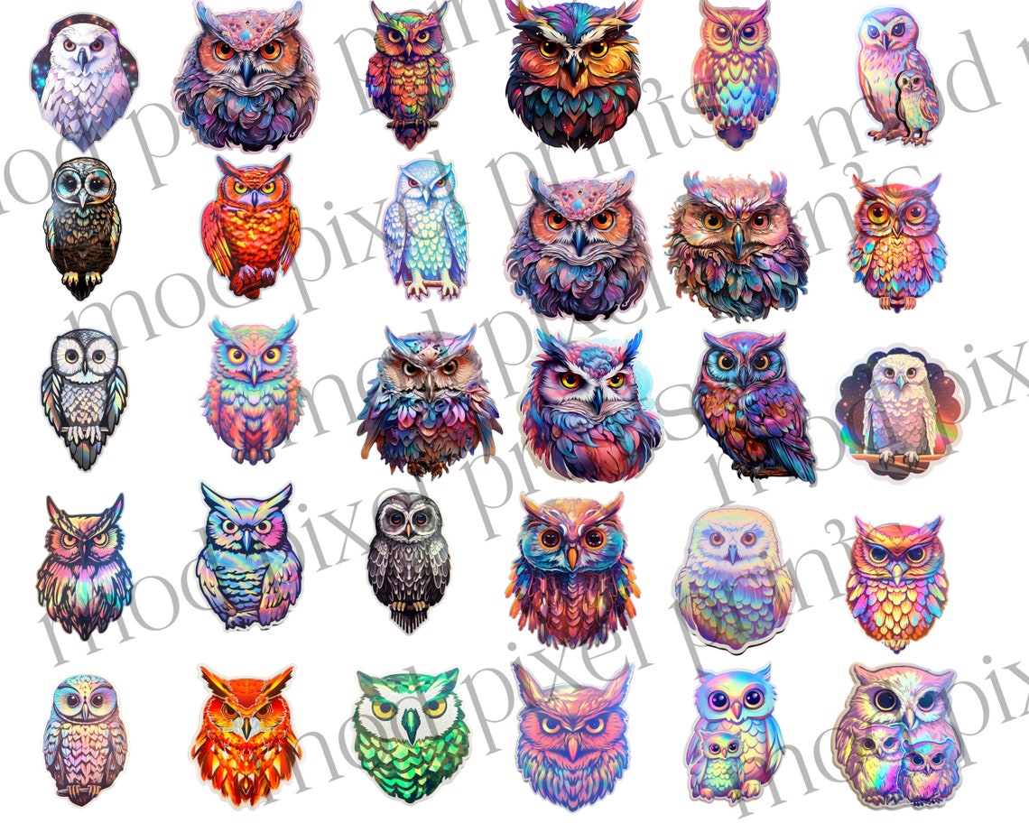 Retro Holographic Owl Clipart Bundle , 100 Mega Bundle, Retro Owl ...