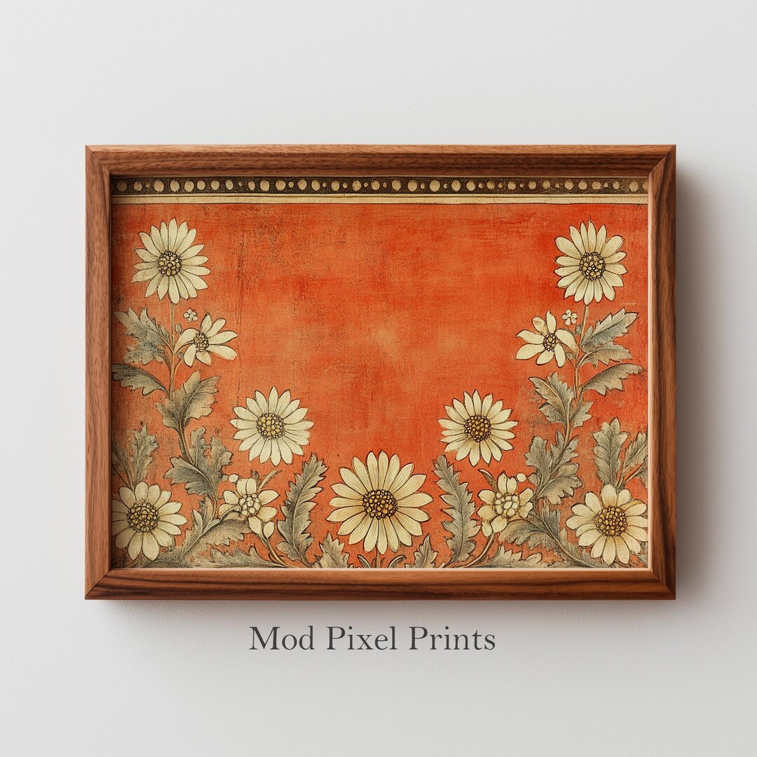 Vintage Floral Block Print - Daisy Motif Wall Art, Folk Bohemian ...