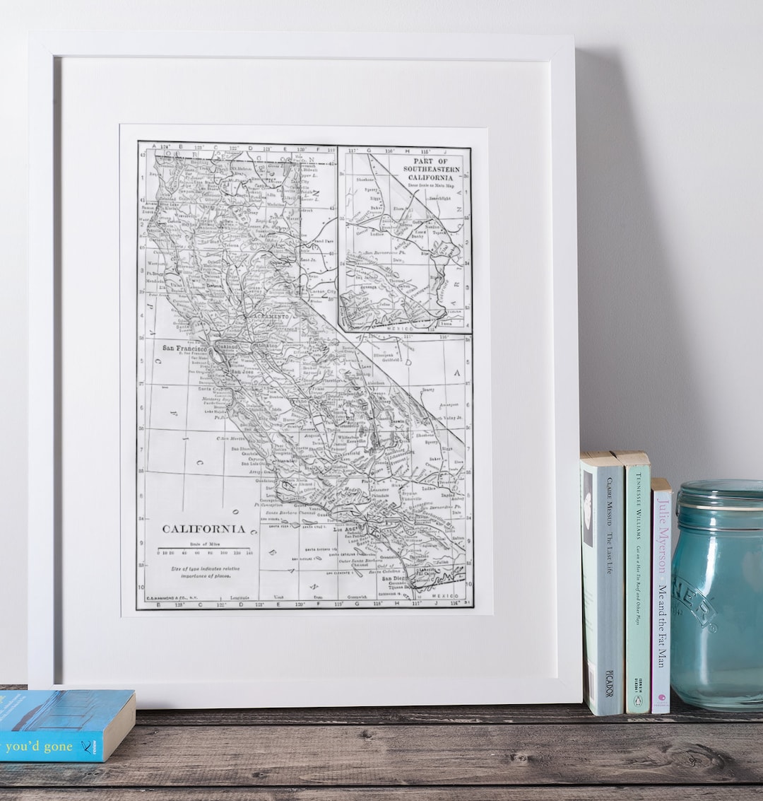 Vintage Black and White Map of California Printable Digital Art ...