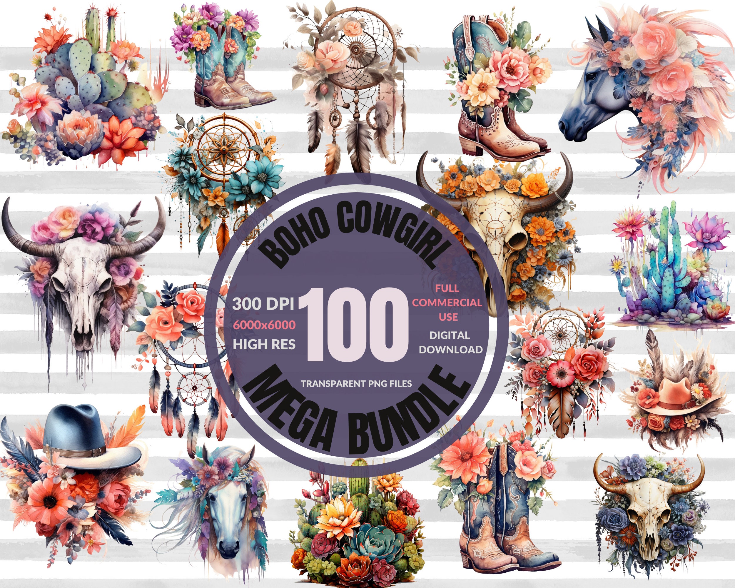 Westerner Clipart Bundle, Coastal Cowgirl Watercolor, BOHO Western ...