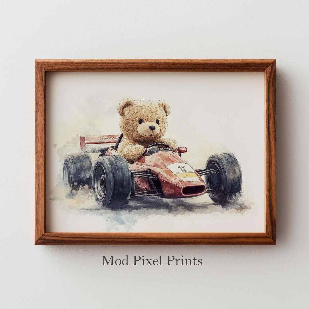 Vintage Teddy Bear Race Car Wall Art - Playful Printable With Retro ...