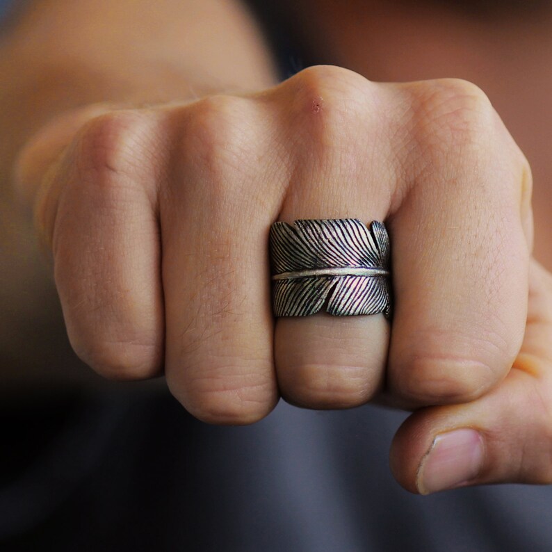 Mens Rustic Silver FEATHER Ring Guys Oxidized Silver Bird - Etsy