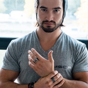 Men's BIG BOLD Brushed Silver Triangle ENGRAVED Ring, Guys Personalized ...