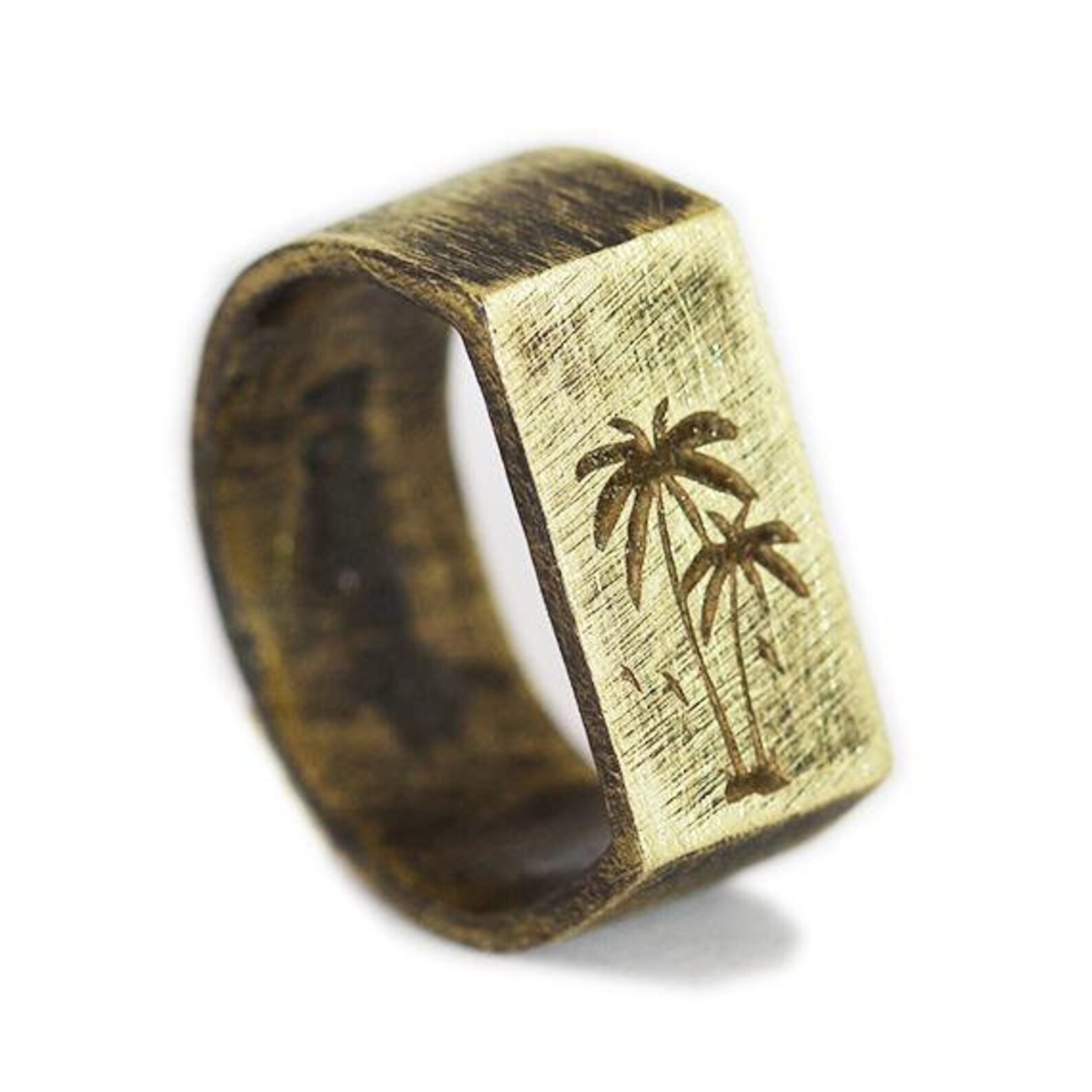 Brushed BRASS Men's PALM TREE Engraved Ring Personalized | Etsy