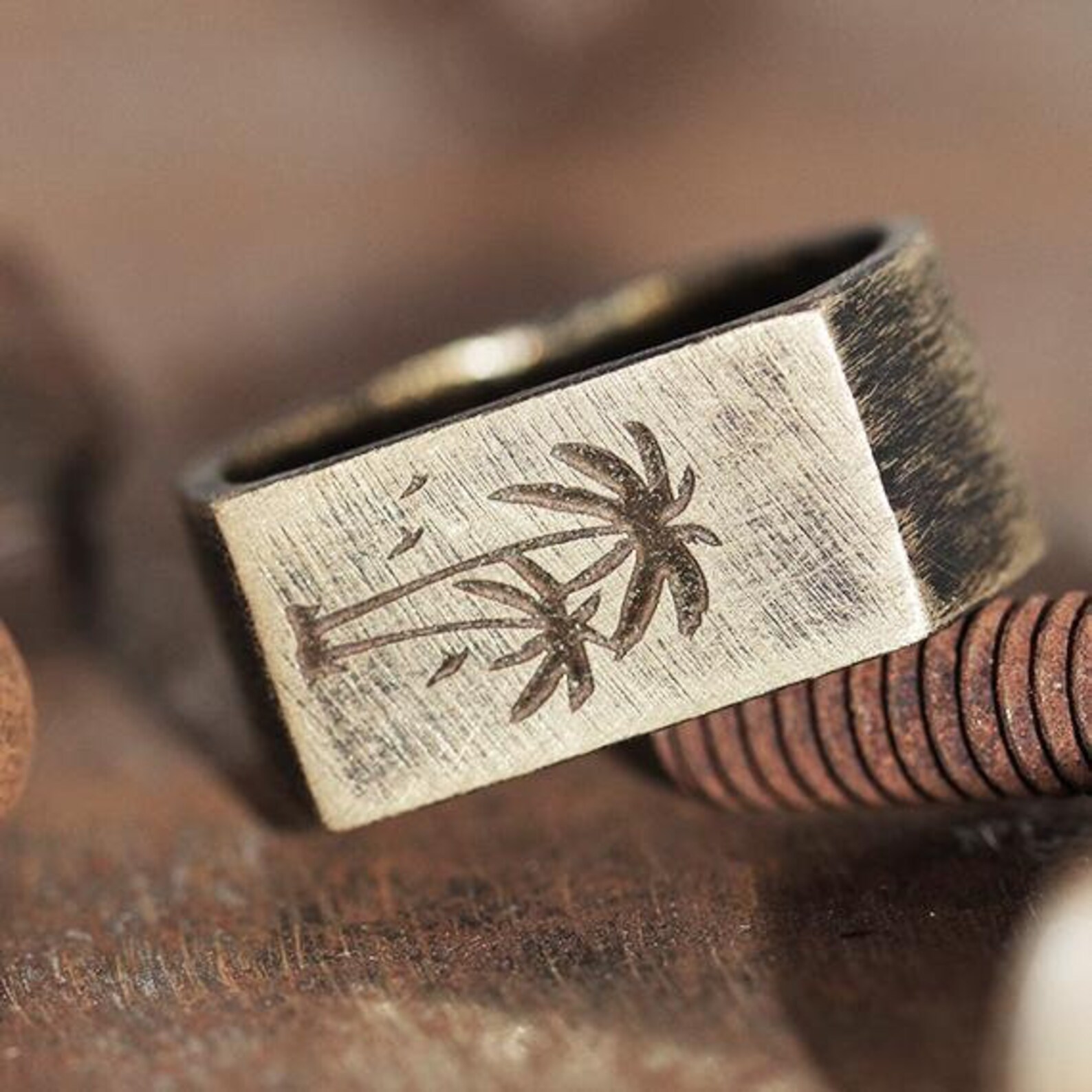 Brushed BRASS Men's PALM TREE Engraved Ring Personalized | Etsy