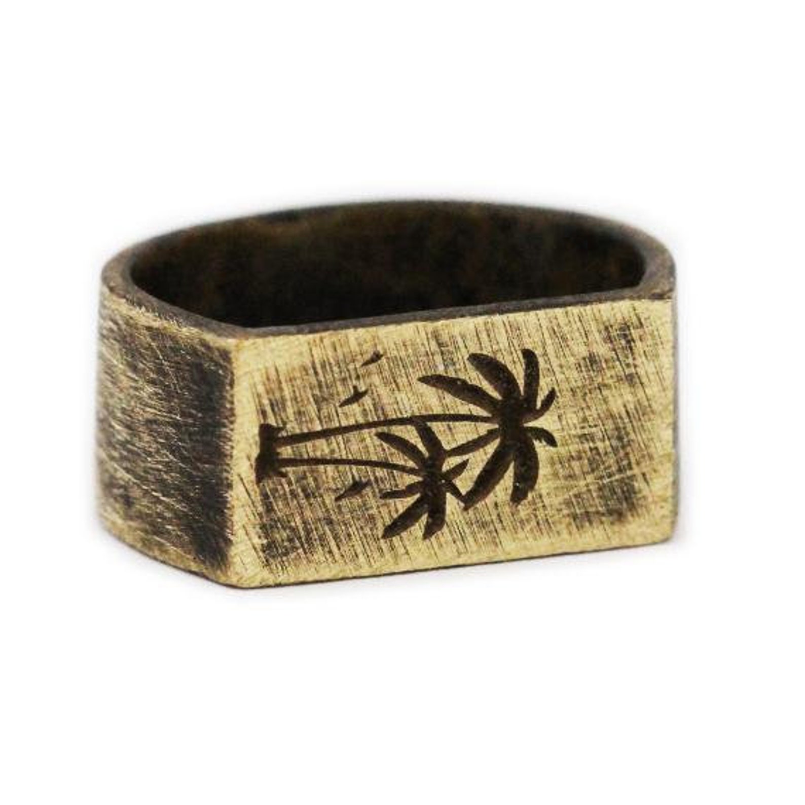 Brushed BRASS Men's PALM TREE Engraved Ring Personalized | Etsy