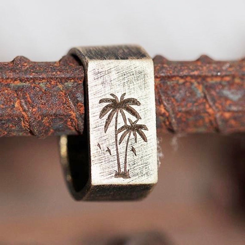 Brushed BRASS Men's PALM TREE Engraved Ring Personalized | Etsy