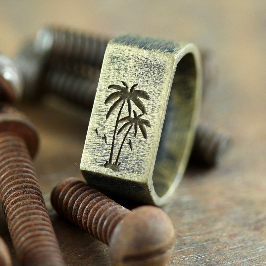 Brushed BRASS Men's PALM TREE Engraved Ring, Personalized Tropical Guys ...