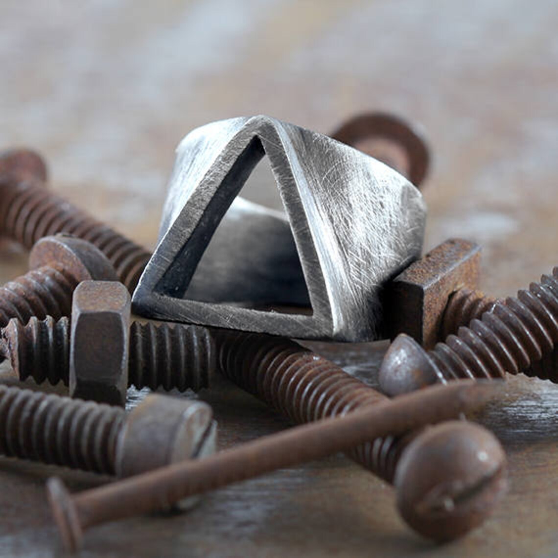 Men's BIG BOLD Brushed Silver Triangle ENGRAVED Ring Guys - Etsy