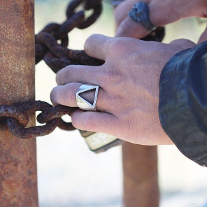 Men's BIG BOLD Brushed Silver Triangle ENGRAVED Ring, Guys Personalized ...