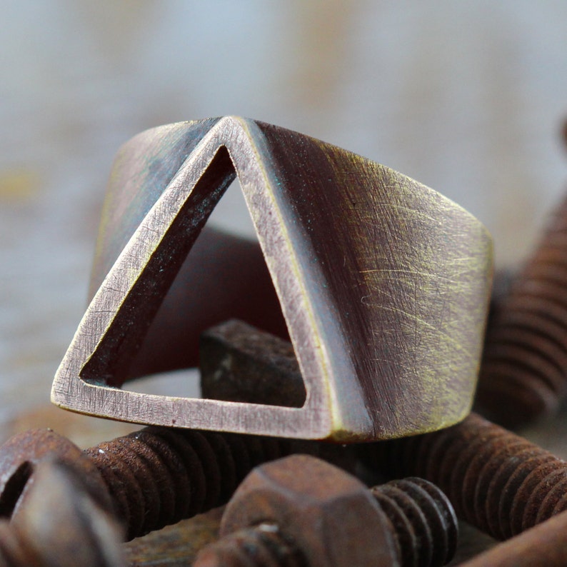 Mens Simple Brushed Gold Triangle ENGRAVED Ring Guys Chunky | Etsy