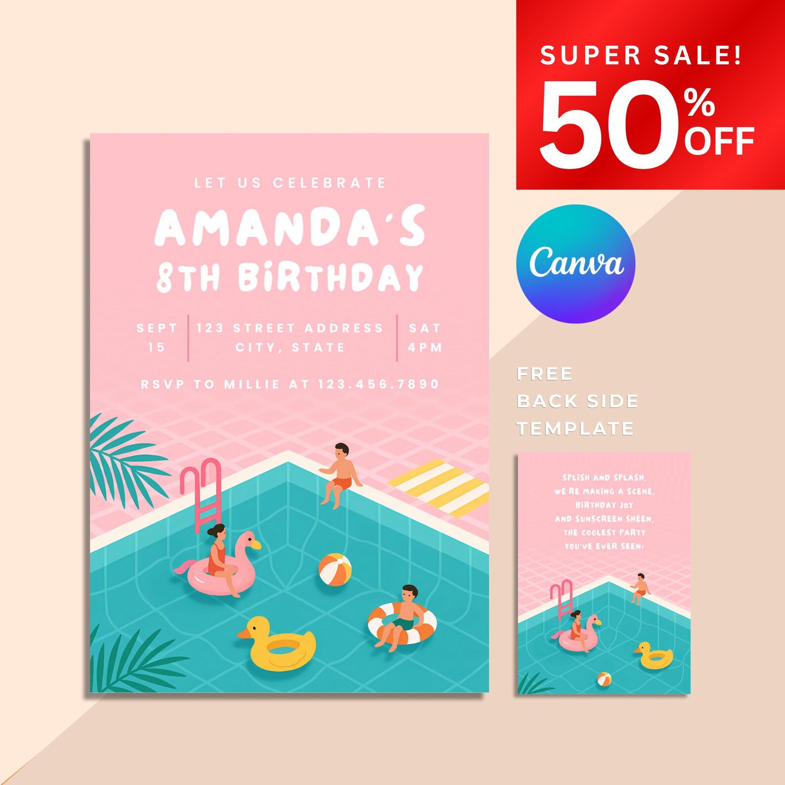 Minimalist Kids Pool Party Invitation | Editable Pool Birthday Invite ...