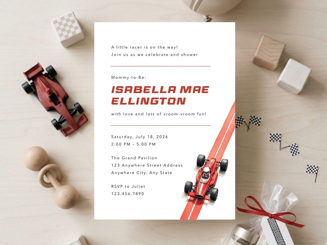 Race Car Baby Shower Invitation Editable Canva Template Red Racing Car ...