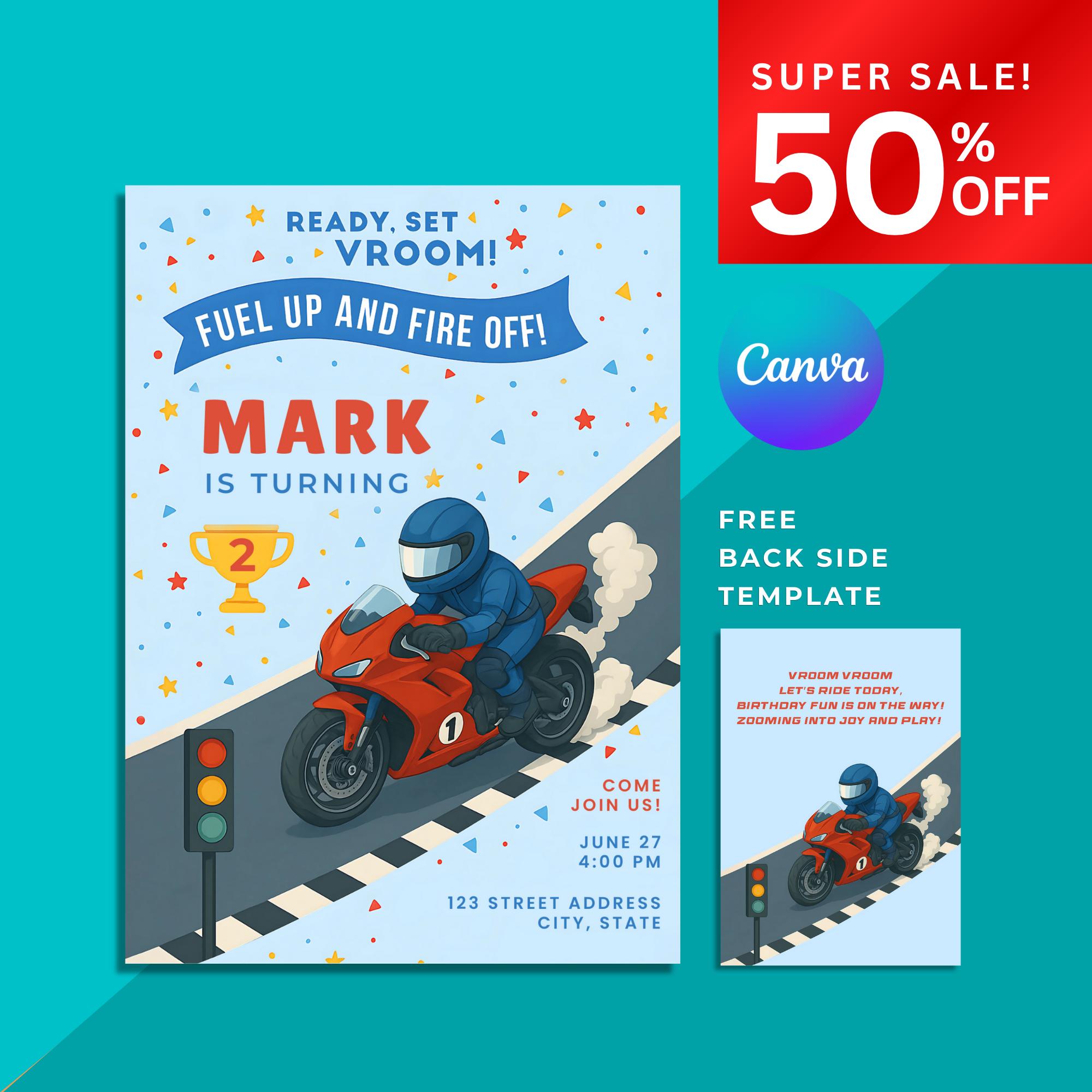 Editable Race Motorcycle Birthday Invitation, Motorbike Party Invite ...