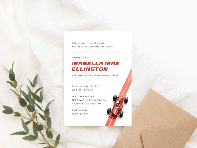 Race Car Baby Shower Invitation Editable Canva Template Red Racing Car ...