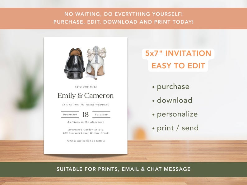 Wedding Save the Date Invitation Elegant Bridal Shoes Watercolor ...