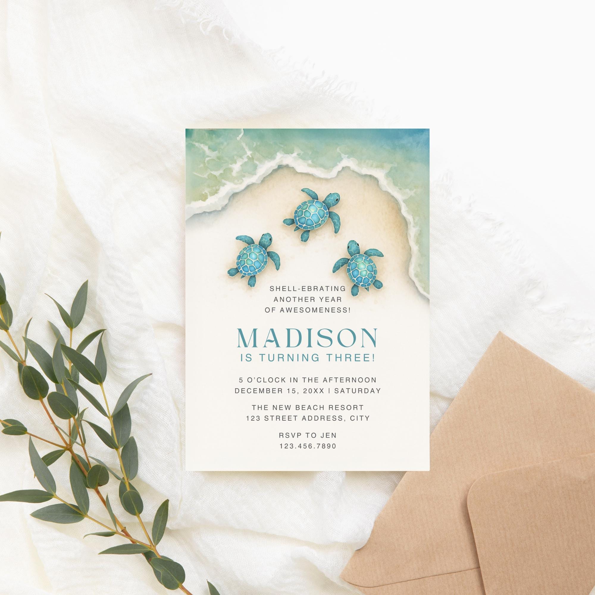 Minimalist Sea Turtle Birthday Invitation Template Turtle Ocean Beach ...